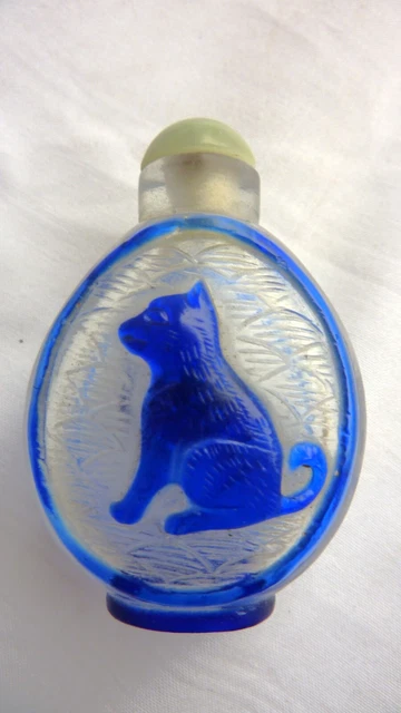 FLACON, TABATIÈRE CHINOISE en verre Overlay Décor de chat / Chinese ...