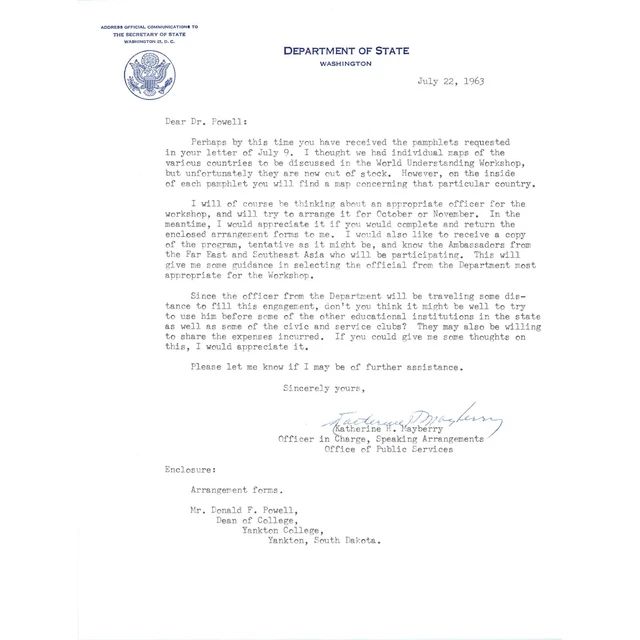 US DEPARTMENT OF State Official Letterhead Memo July 22 1963 TK1-P11 £ ...