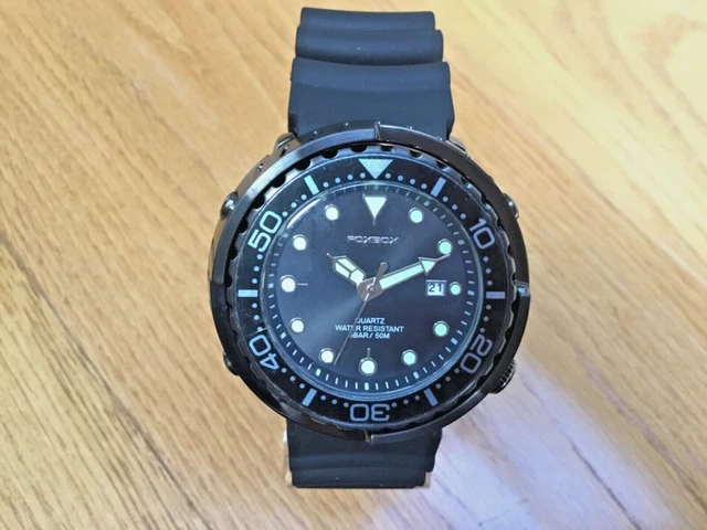 MENS FOXBOX TUNA QUARTZ DIVERS WATCH All Black + black rubber strap ...