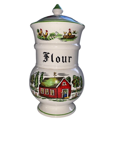 VINTAGE CERAMIC &FLOUR Container" with Farmhouse Scene Made in Japan ...