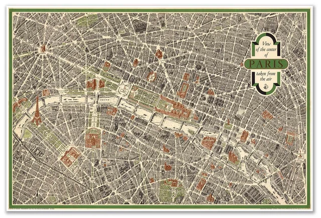 AERIAL VIEW PICTORIAL Street Tourist Map of Vintage Old PARIS France ...