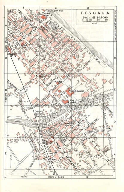 CARTA GEOGRAFICA ANTICA PESCARA pianta della città TCI 1939 Antique map ...