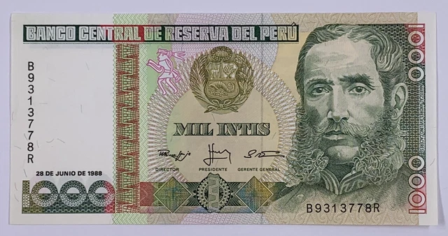 PERU CENTRAL RESERVE Bank, 1988, B Prefix, 1000 Mil Intis Bank Note £0. ...