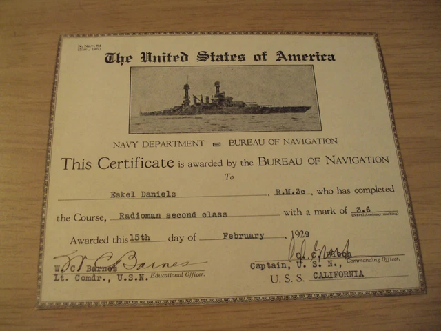 U.S. NAVY 1929 Certificate~'RADIOMAN Second Class'~USS CALIFORNIA/Sunk ...