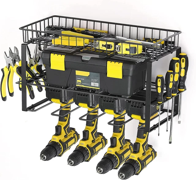 POWER TOOL STORAGE Organizer Rack w/Basket Heavy Duty Floating Tool ...