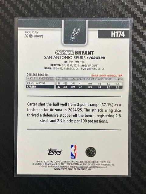 2025-26 TOPPS BASKETBALL Holiday Carter Bryant #H174 RC San Antonio ...