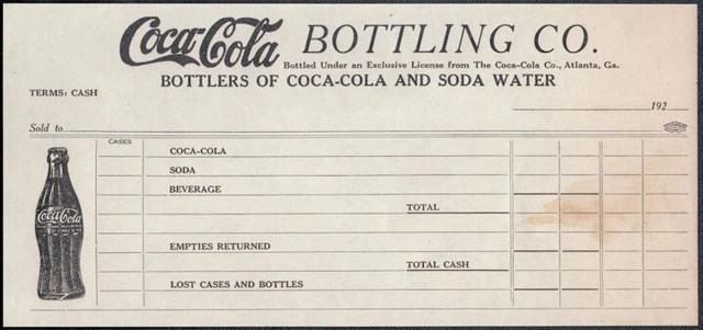 COCA-COLA BOTTLING RECEIPT 1920's Antique Original Invoice Order FORM ...