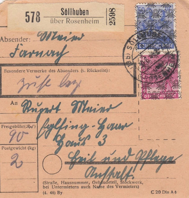 BIZONE PAKETKARTE 1948: Söllhuben über Rosenheim nach Eglfing-Haar EUR ...