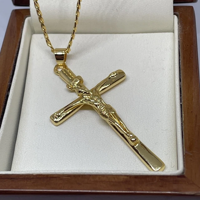 LARGE 9CT Gold filled Crucifix Cross Chain Necklace 24 inch 60cm FREE ...