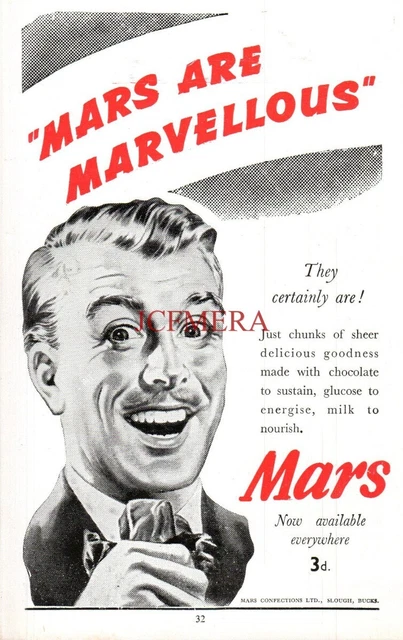 MARS CHOCOLATE BAR Confectionary ADVERT #7 Original Vintage 1946 Print ...