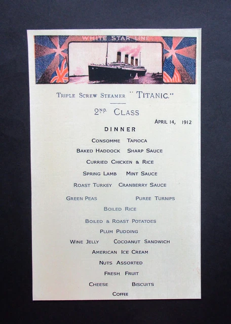 TITANIC VERY COLLECTABLE PAPER REPLICA SECOND CLASS MENU FOR APRIL 14th ...