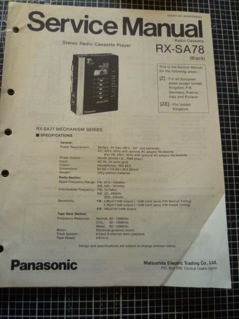 TECHNICS / PANASONIC RX-SA78 Radio Cassette Service Manual £7.22 - PicClick UK