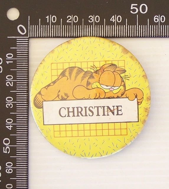 VINTAGE CHRISTINE NAME Tag Garfield Cartoon Strip Cat Souvenir Tin Pin ...