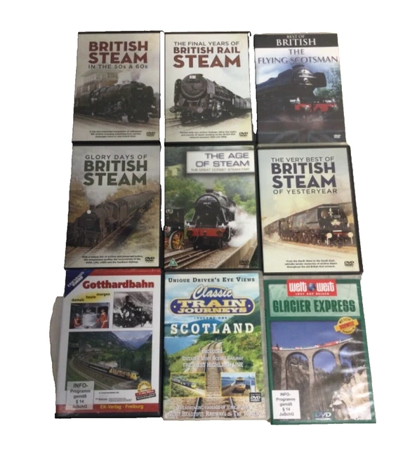 STEAM TRAIN DVD Bundle X9 British Rail Gotthardbahn Alubula Line ...
