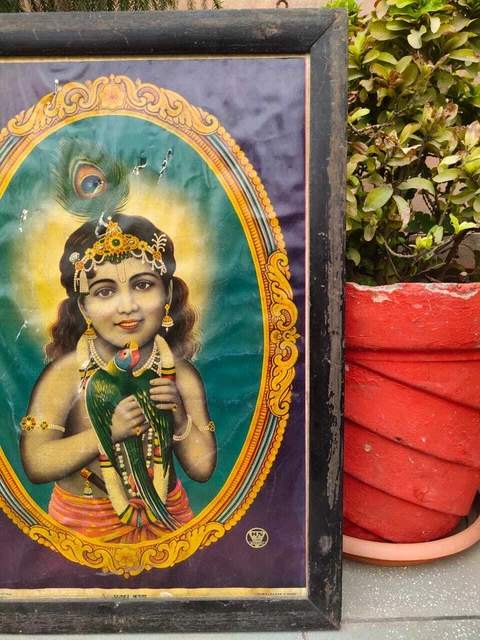 COLLECTIBLE RARE LITHOGRAPH Print Of Hindu God Krishna Holding Parrot ...