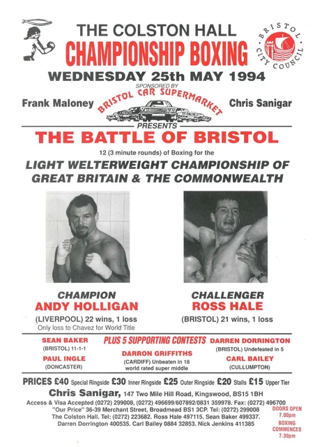 1994 ANDY HOLLIGAN v ROSS HALE, LW/W Championship from Colston Hall! £2 ...