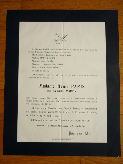 FAIRE-PART DE DÉCÈS Gabrielle PARIS MARTIN, Nogent, 1916 EUR 8,00 - PicClick FR