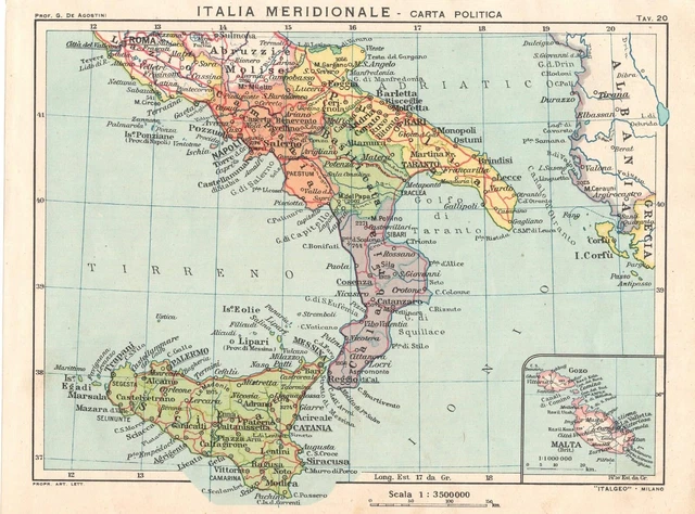 CARTA GEOGRAFICA ANTICA ITALIA MERIDIONALE pre 2° Guerra Mond. 1935 ...