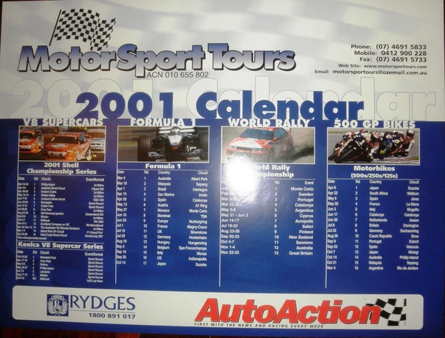 2001 MOTORSPORT TOURS Calendar Poster V8 Supercars F1 500GP Rally New ...