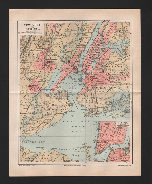 MAPPA CITY MAP 1890: NEW YORK E DINTORNI. U.S.A. America America EUR 19 ...