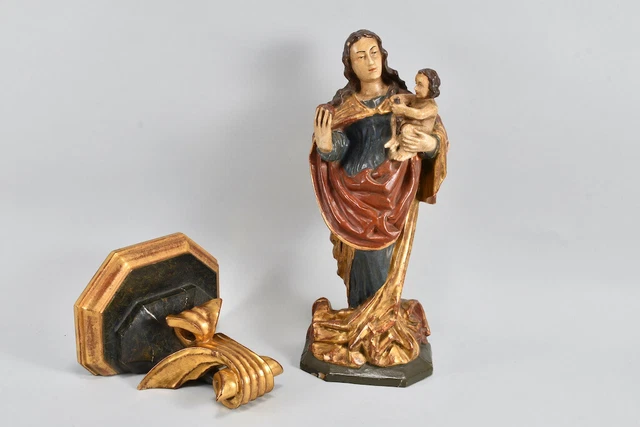 J93L17 - STATUETTA in legno Maria con Gesù Bambino & Console, scolpita ...