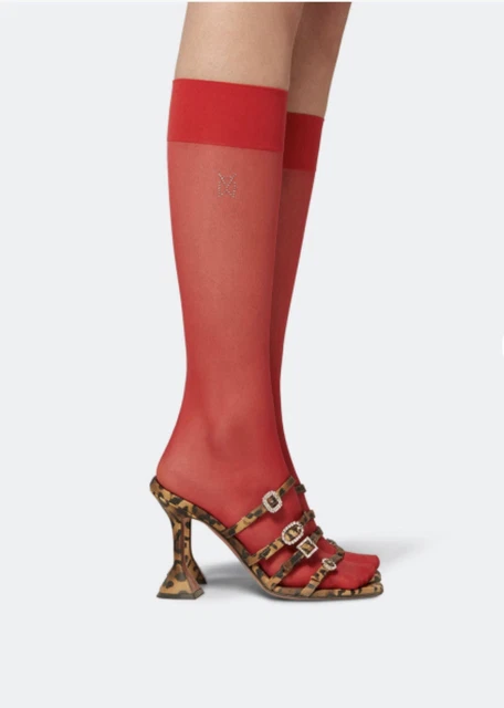 WOLFORD RED SWAROVSKI Crystal Logo Knee Highs Amina Muaddi One Size £47 ...