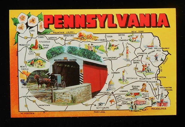 1970S STATE MAP of Pennsylvania Icons Landmarks Soudersburg Covered ...
