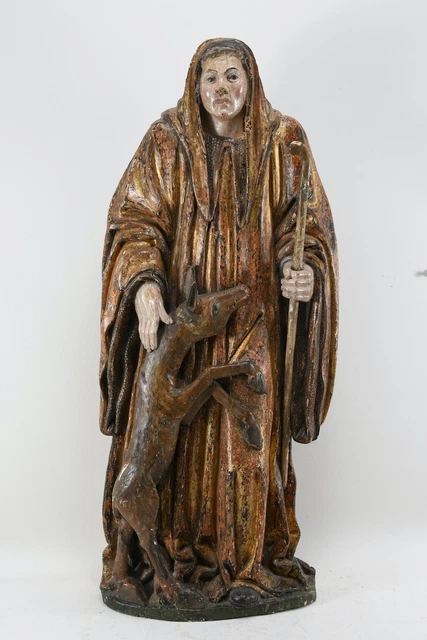 M14J09- GOTISCHE SKULPTUR/ Relief, Heiliger mit Stab und Tier um 1500 ...