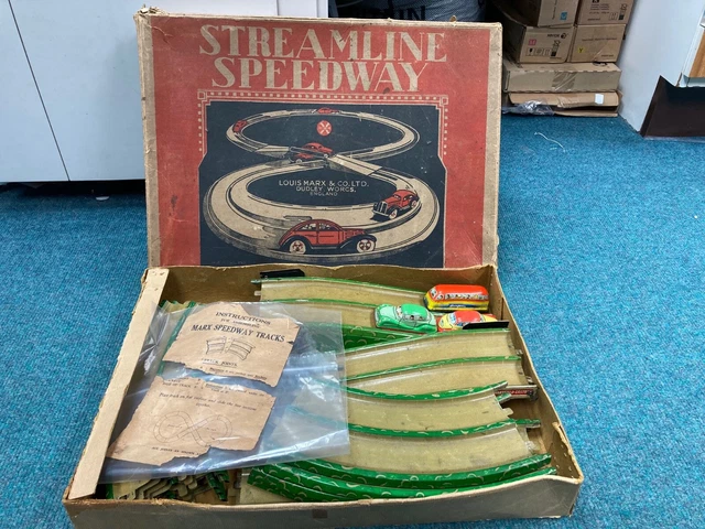 MARX TIN LITHOGRAPHED Windup “Streamline Speedway” with Box & 3 cars £ ...