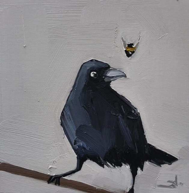 CROW OIL PAINTING Vivek Mandalia Impressionism 8X8 Collectible Signed ...