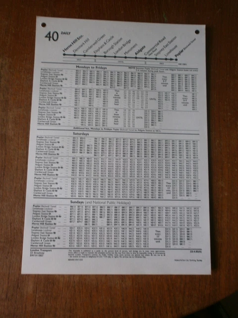 LONDON TRANSPORT BUS Stop Timetable Panel-Route 40, 1983 £1.50 ...