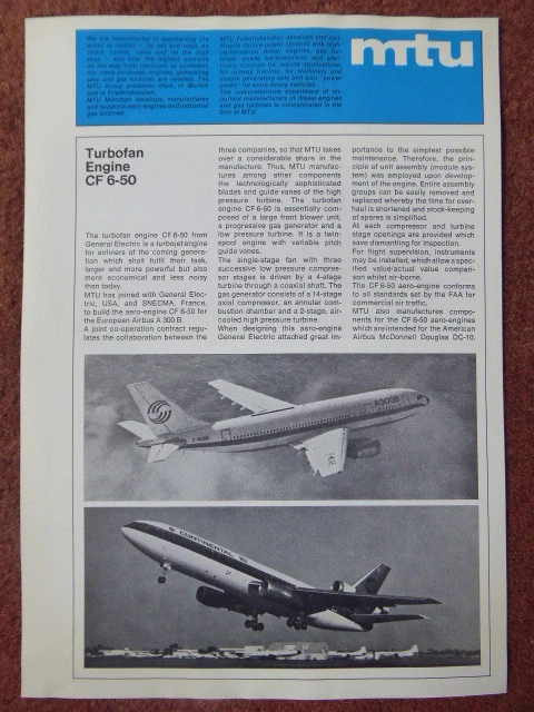 1974 DOCUMENT PUB Mtu Engines Turbines Cf6-50 Turbofan Engine Airbus ...