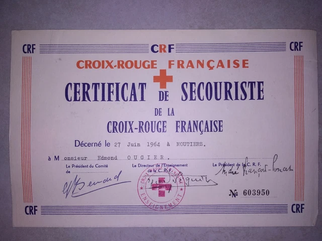 ANCIEN CERTIFICAT SECOURISME Croix Rouge Française 1964. Vintage EUR 9 ...