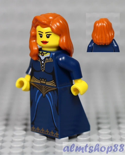 LEGO - MINIFIGURE femme bleu foncé robe cheveux orange foncé princesse ...