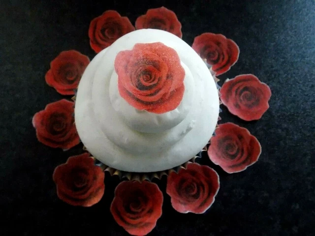 24 SMALL PRECUT edible wafer/rice paper Valentine red roses cake ...
