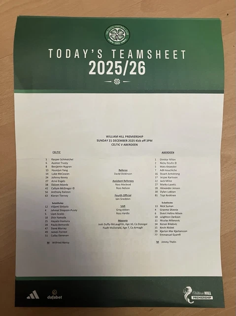 CELTIC V ABERDEEN 21 December 2025 Official Match Teamsheet VG £2.24 ...