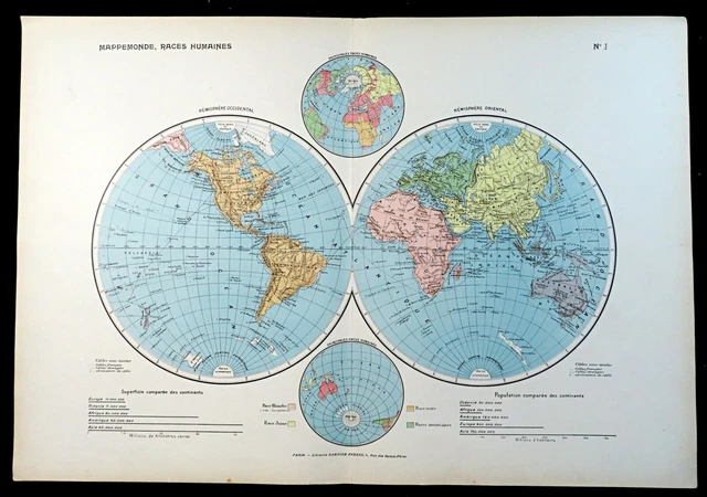 WORLD MAP GLOBE Hemisphere Ethnographic Ethnicity Race FRENCH Antique ...