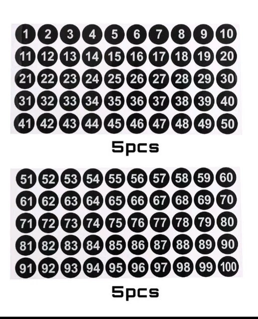 5 SHEETS 1 to 100 Number Stickers Vinyl Consecutive Self-Adhesive Decal ...