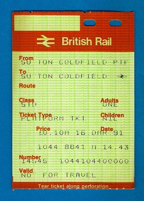 BRITISH RAIL PLATFORM Ticket - BR(M) PORTIS Issue - Sutton Coldfield ...