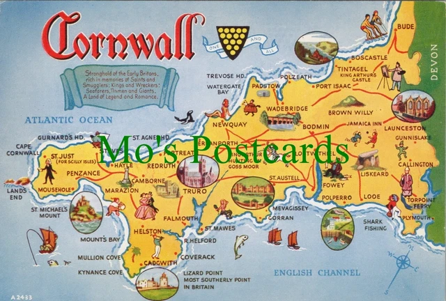 MAPS POSTCARD - Map of Cornwall, Cornish Map RR20059 £2.10 - PicClick UK