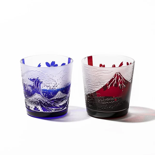 KAGAMI CRYSTAL EDO Kiriko Glass Pair Fuji/Nami Fuji and Cherry Blossom ...