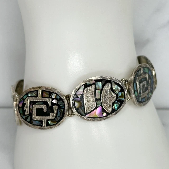 VINTAGE MEXICO STERLING Silver 925 AR Signed Abalone Shell Inlay Panel ...