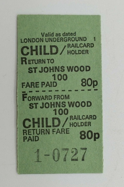 LONDON UNDERGROUND RAILWAY Ticket 0727 ST Johns wood Child £3.00 ...