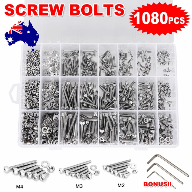 1080PCS M2/M3/M4/M5 STAINLESS Steel Bolts Nuts Screws Hex Head Assorted ...