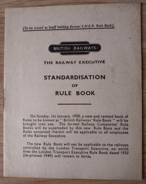 BRITISH RAILWAYS STANDARDISATION of Rule Book (for former LNER) 1950 £4 ...