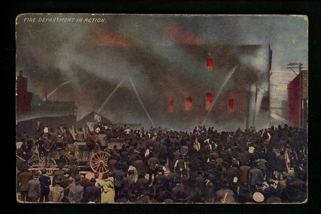 FIRE FIGHTING POSTCARD Fire Pumper ladder going into action Vintage £8. ...