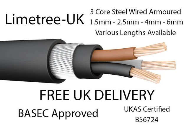 3 CORE ARMOURED Cable SWA 6943 1.5mm, 2.5mm, 4mm, 6mm XLPE - Various ...