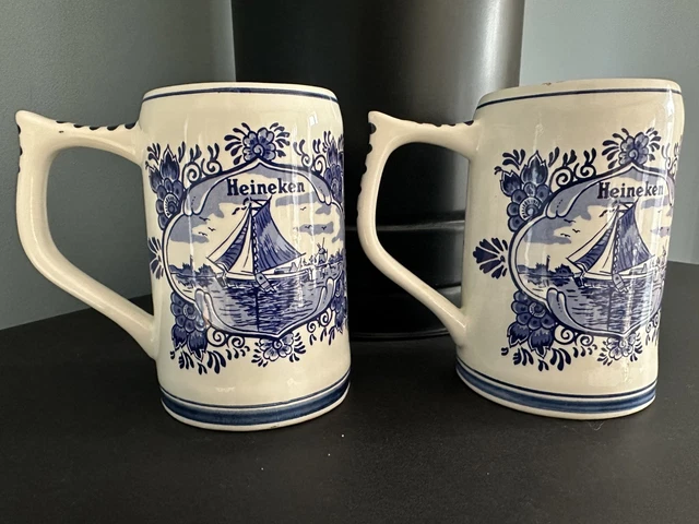 VINTAGE DUTCH HAND Painted Heineken Delft Blue Beer Stein pair £11.00 ...