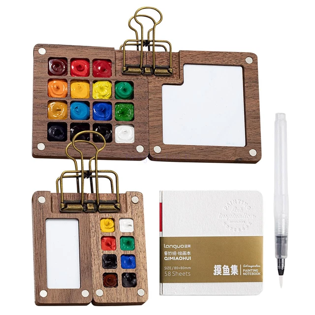 MINI WATERCOLOR PALETTE Set Wooden Grid Paint Box Portable Sketchbook ...