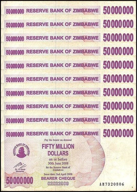 20 X ZIMBABWE 50 MILLION BEARER Cheque banknote 2008, P-63 USED COA ...
